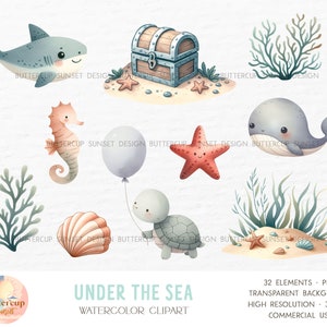 32 Under the Sea Animals Watercolor Clipart PNG Digital Download | Cute ...