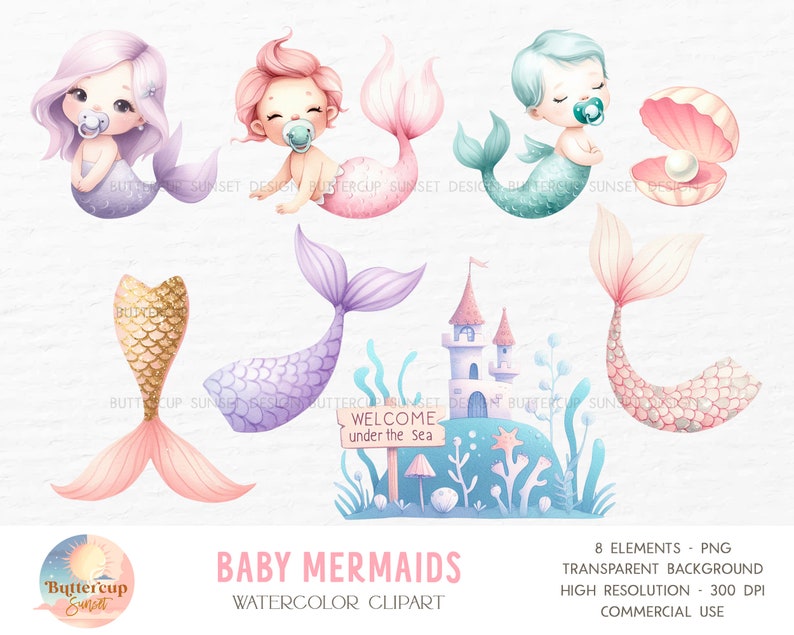 8 Baby Mermaids Watercolor Clipart PNG Digital Download - Etsy Australia