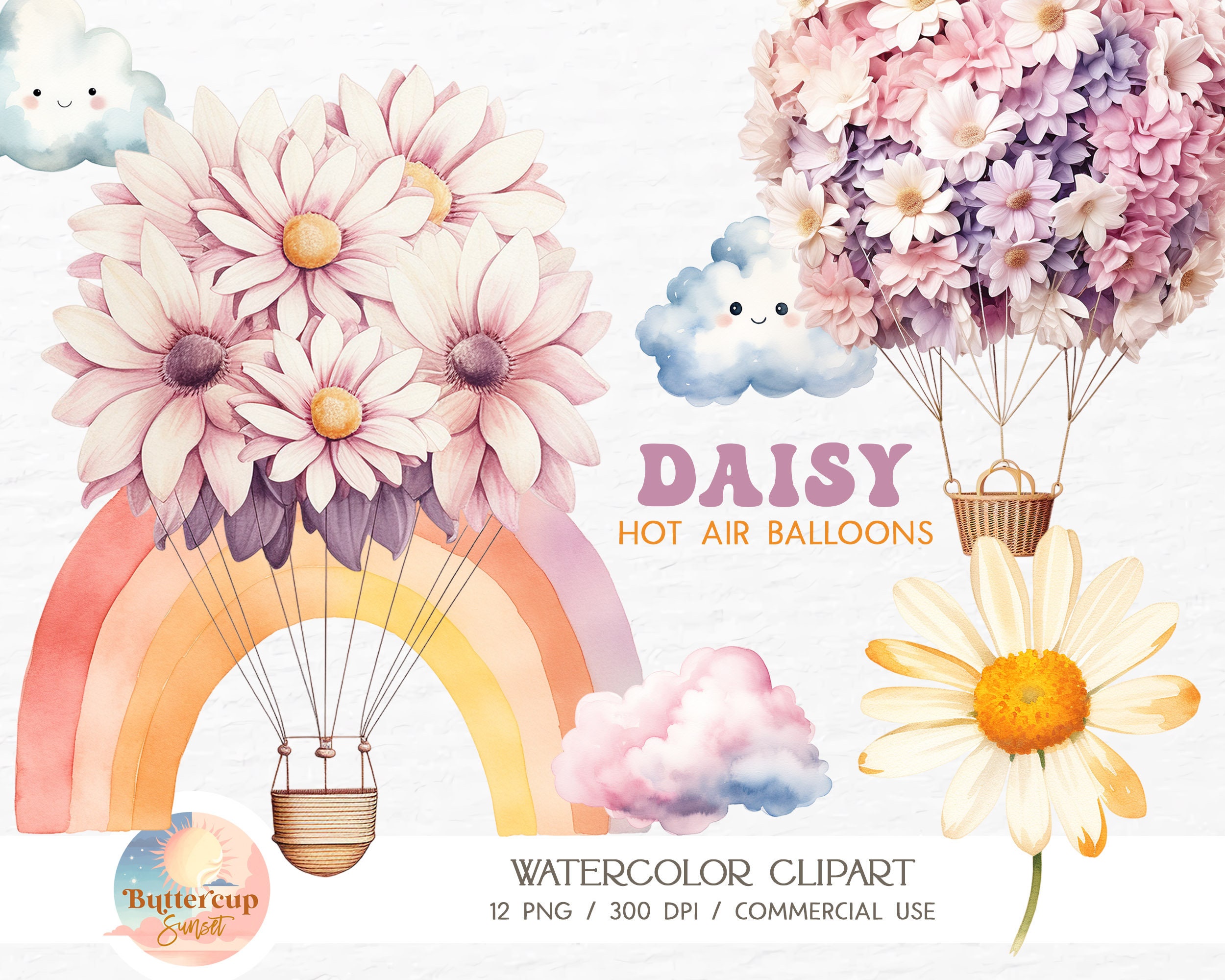 12 Daisy Hot Air Balloons Watercolor Clipart PNG Digital - Etsy