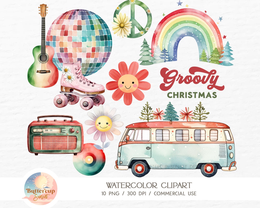 10 Groovy Christmas Watercolor Clipart PNG Digital Download | Retro ...