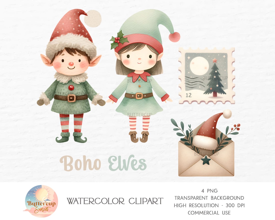 4 Boho Elves Christmas Watercolor Clipart PNG Digital Download | Boho ...
