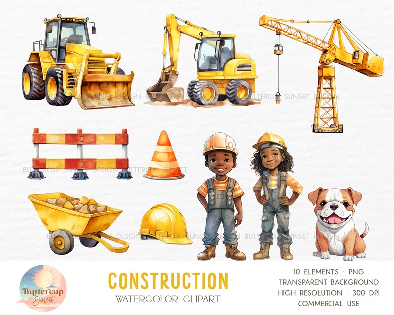 10 Construction Watercolor Clipart PNG Construction Vehicles - Etsy