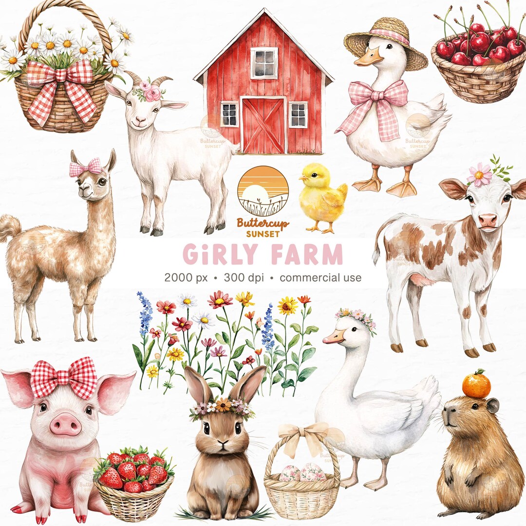 15 Girl Farm Animals Watercolor Clipart PNG Digital Download ...