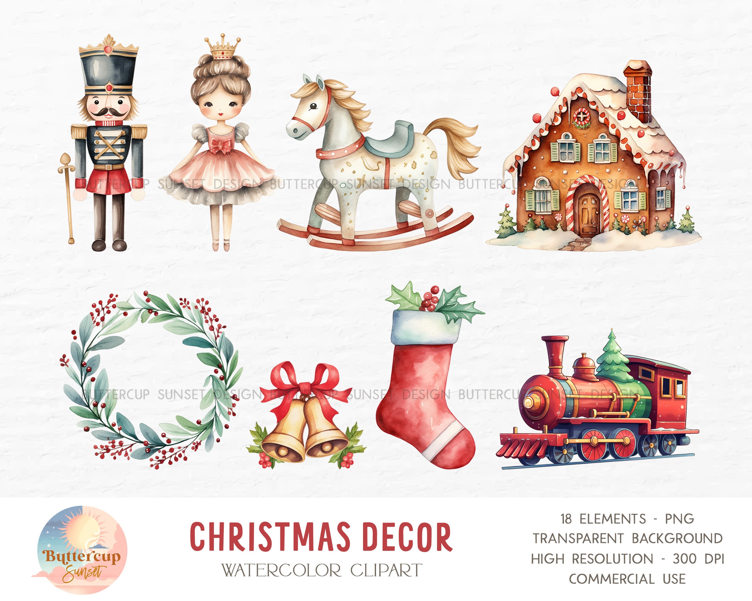 18 Christmas Decor Watercolor Clipart PNG Digital Download Christmas ...