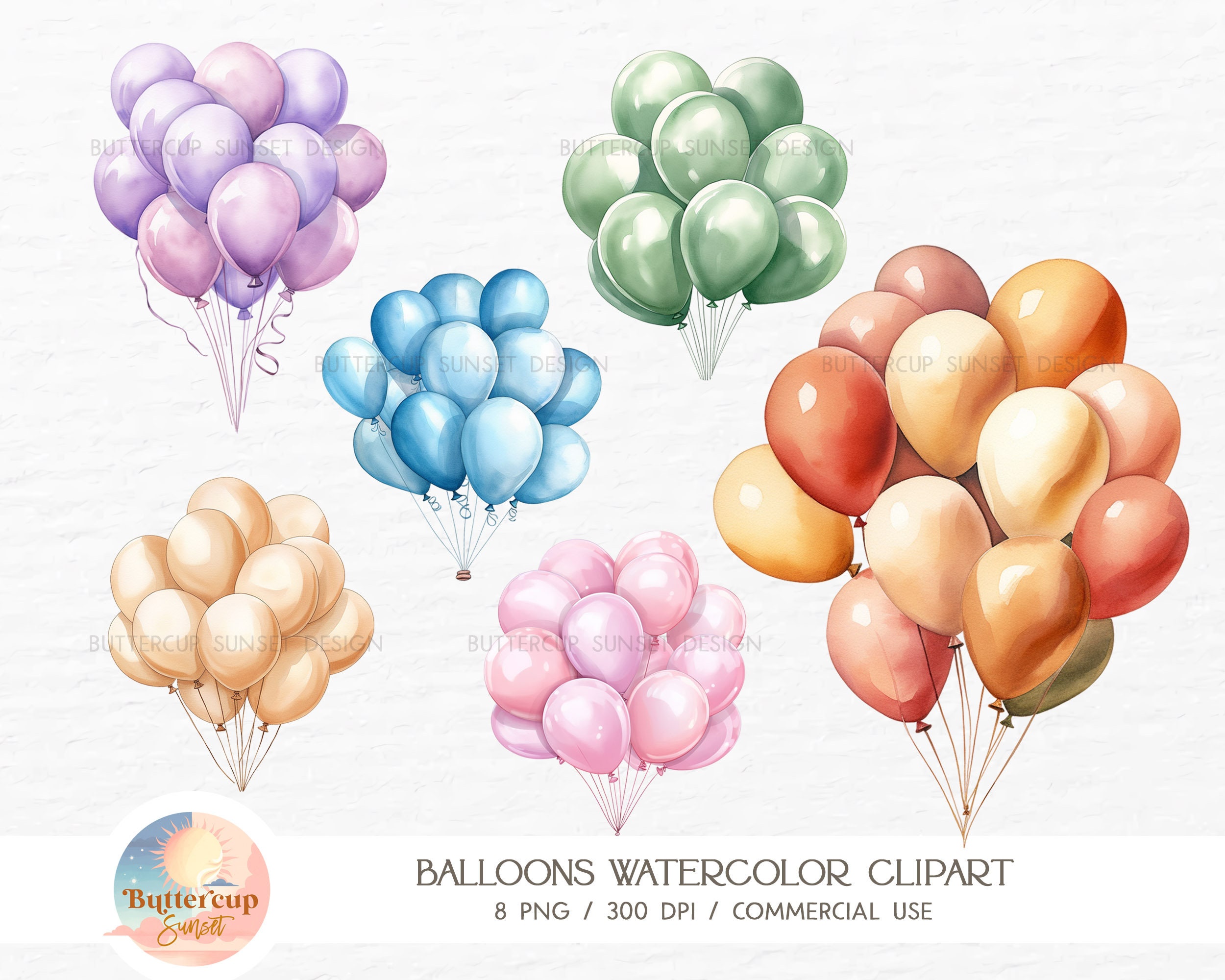 8 Balloons Watercolor Clipart PNG Digital Download Boho Birthday ...