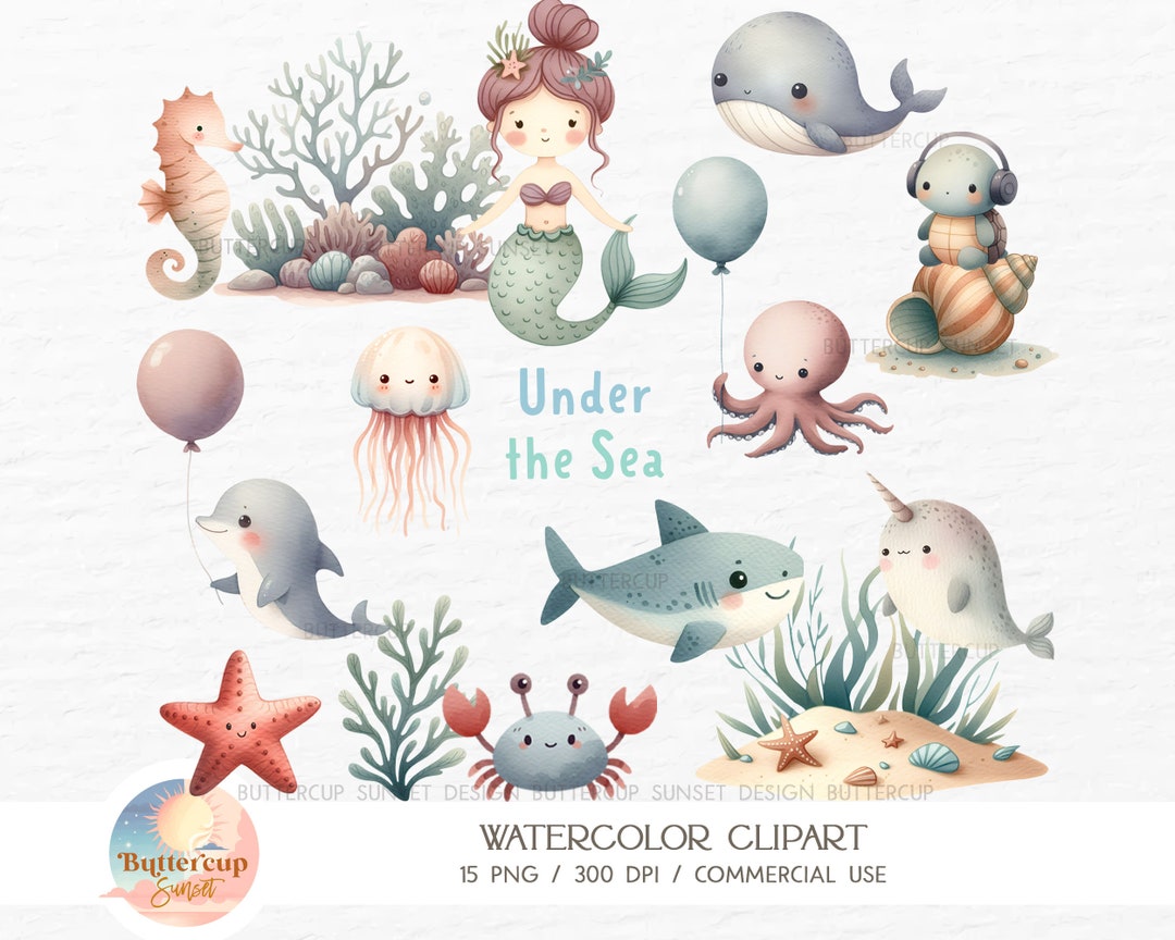 Under the Sea Clipart: Sea Life Mermaid Undersea Ocean Animals Birthday ...