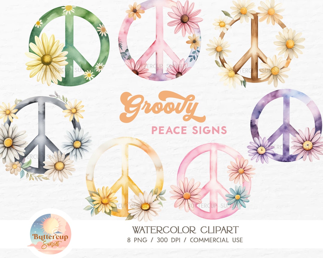 8 Groovy Daisy Peace Signs Watercolor Clipart PNG Digital Download ...