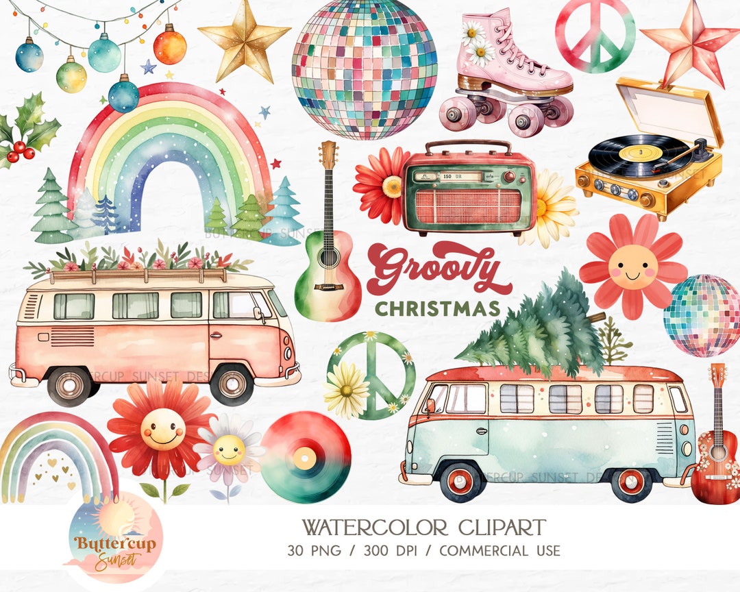 30 Groovy Christmas Watercolor Clipart PNG Digital Download | Retro ...