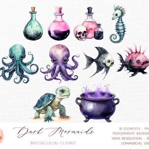 Dark Mermaids Clipart: Under the Sea Mermaid Sea Witch Halloween Party ...
