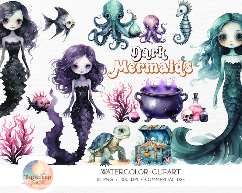 Dark Mermaids Clipart: Under the Sea Mermaid Sea Witch Halloween Party ...