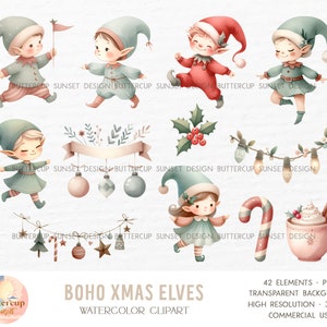 42 Boho Christmas Elves Watercolor Clipart PNG Digital Download | Boho ...