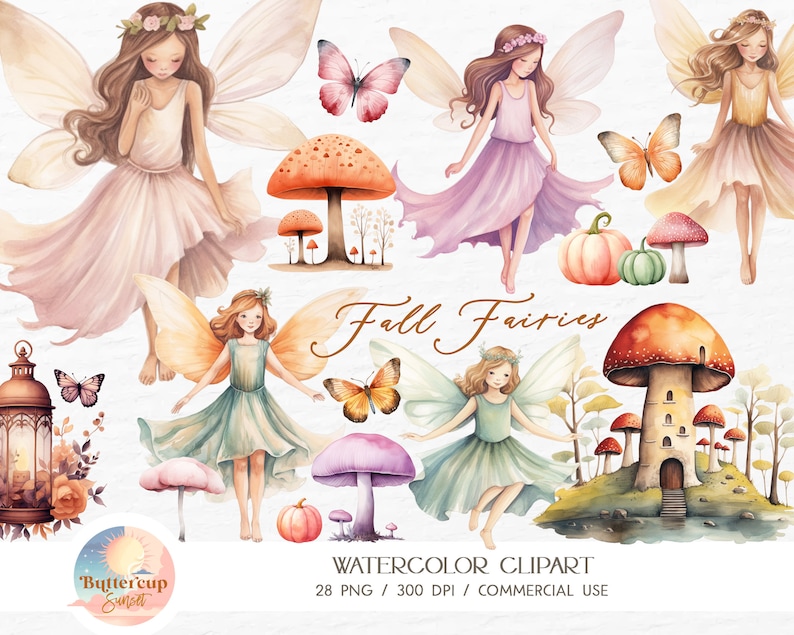 Fall Fairy Garden Clipart: Autumn Fairies Butterfly Mushroom Enchanted ...
