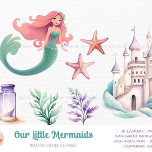 30 Little Mermaids Watercolor Clipart PNG Digital Download | Mermaid ...