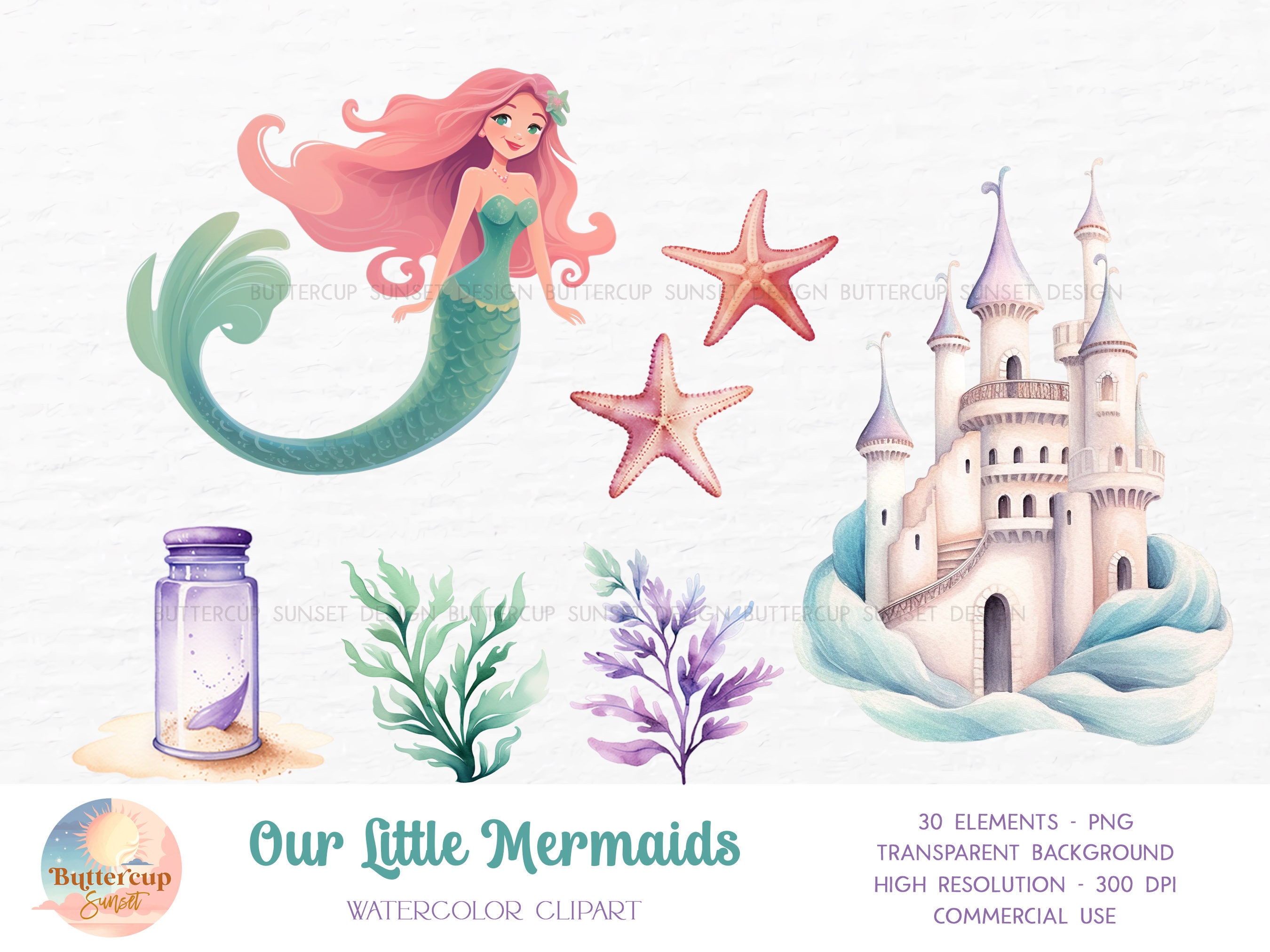 30 Little Mermaids Watercolor Clipart PNG Digital Download - Etsy