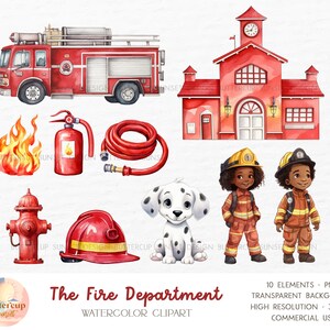 10 Fire Department Watercolor Clipart PNG | Dark Skin Firefighter PNG ...