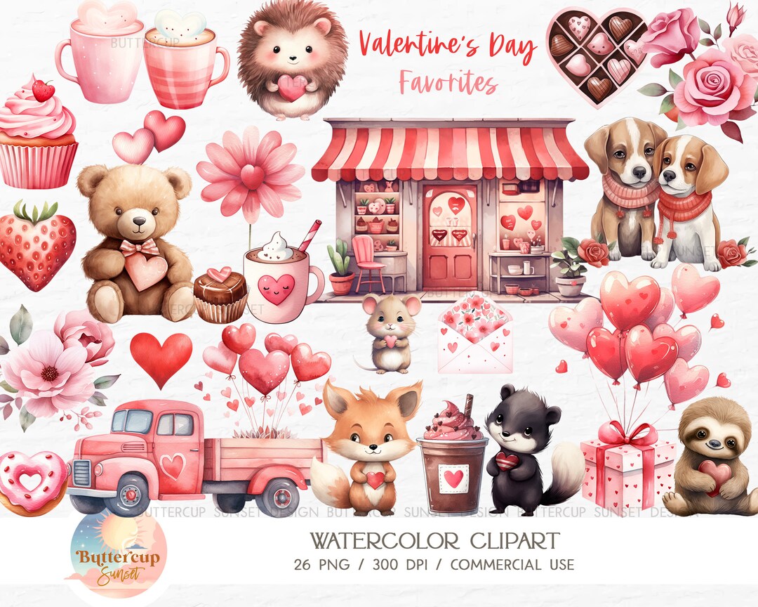 26 Valentine's Day Favorites Watercolor Clipart PNG Digital Download ...