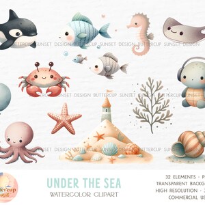 32 Under the Sea Animals Watercolor Clipart PNG Digital Download | Cute ...