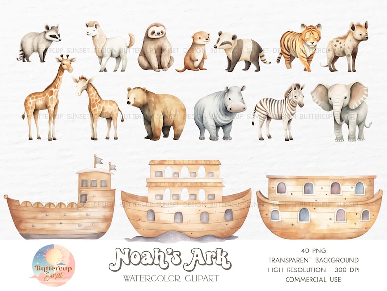 40 Noah's Ark Watercolor Clipart PNG Descarga digital / - Etsy México