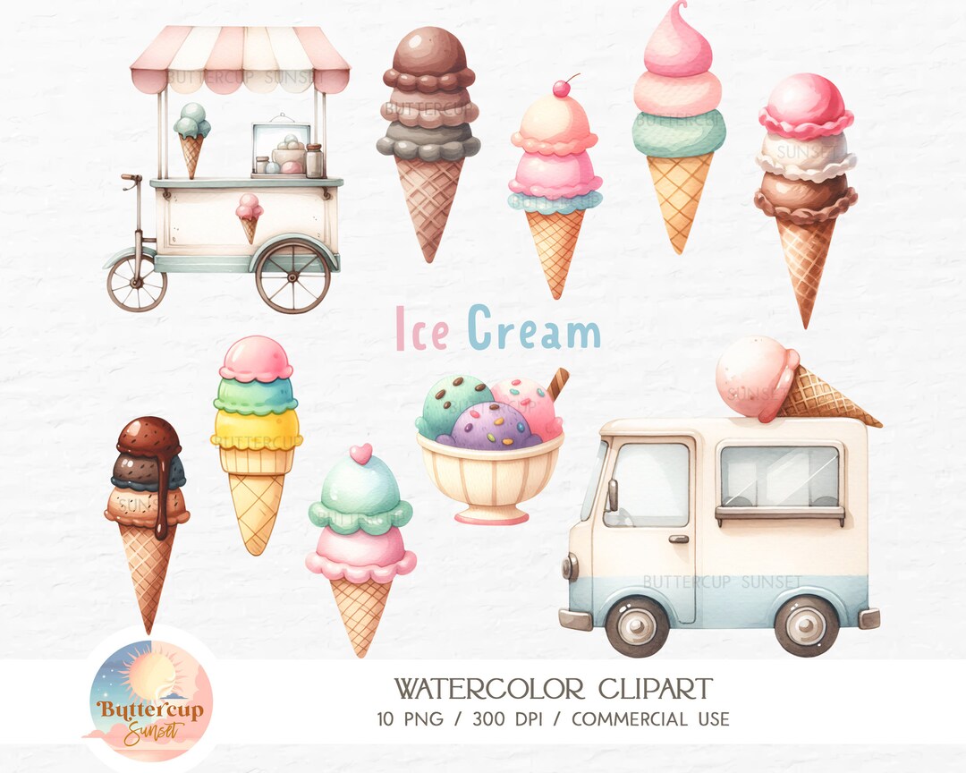 10 Ice Cream Watercolor Clipart PNG Digital Download | Pastel Ice Cream ...