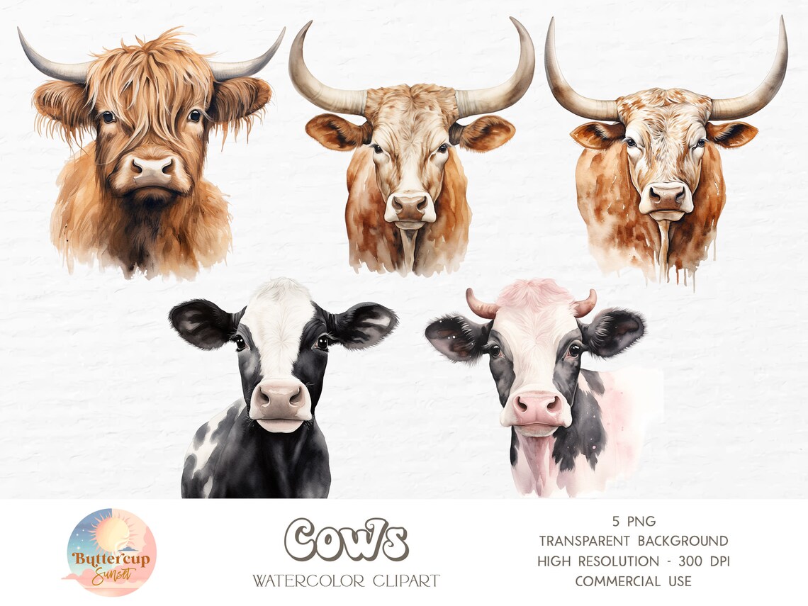5 Cows Watercolor Clipart PNG Digital Download Farm Cow - Etsy