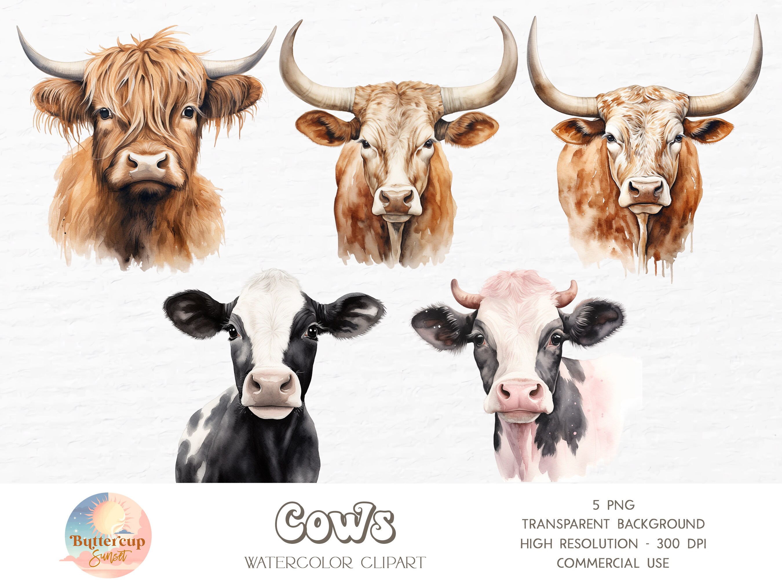 5 Cows Watercolor Clipart PNG Digital Download Farm Cow - Etsy