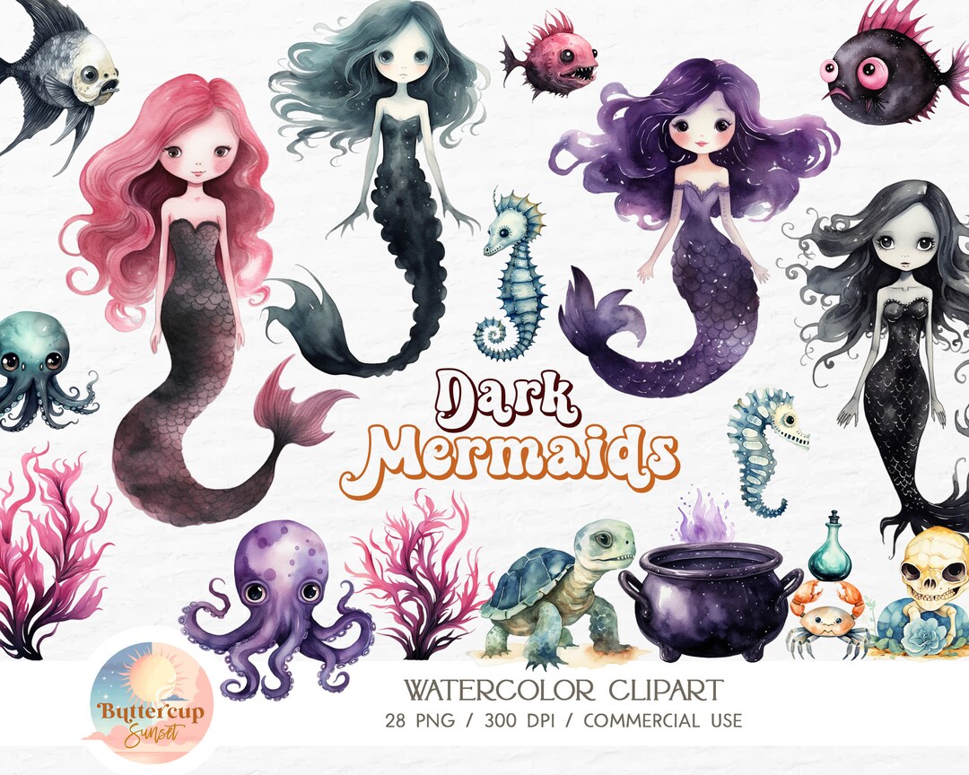 28 Dark Mermaids Under the Sea Halloween Watercolor Clipart PNG Digital ...