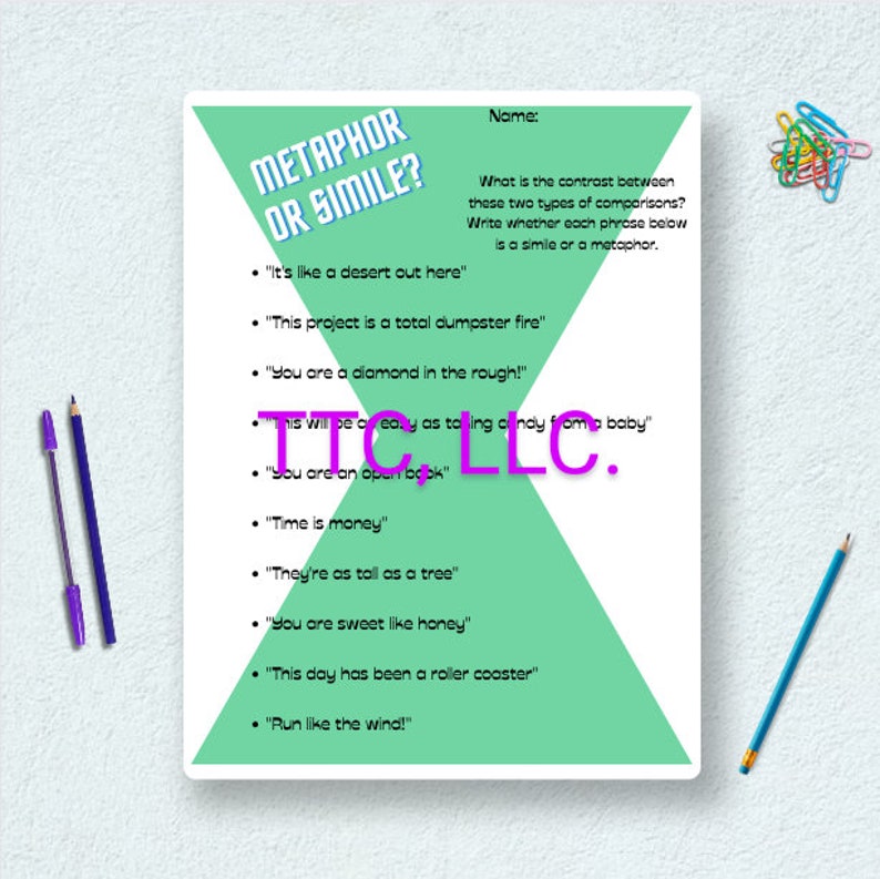 Metaphor or Simile Worksheet - Etsy