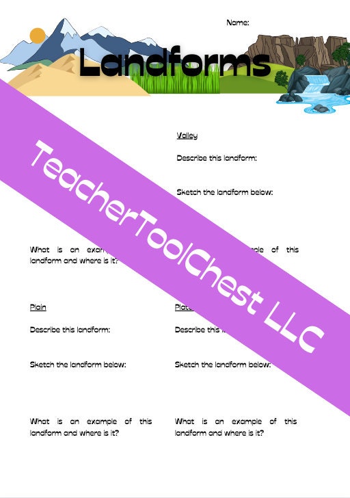 Landforms Elementary Geography Worksheet - Etsy