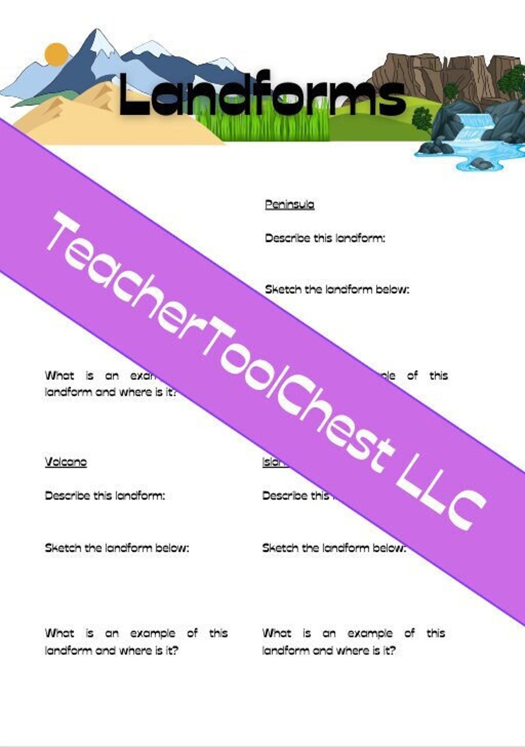 Landforms Elementary Geography Worksheet - Etsy