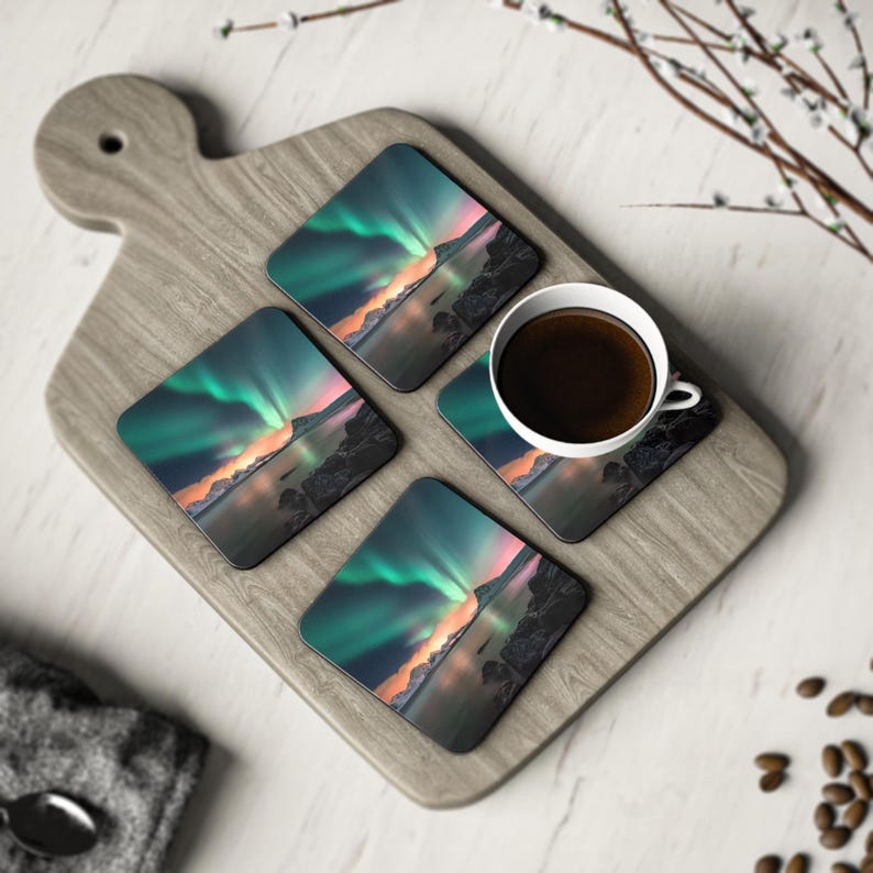 Northern Lights Coasters, Norway Skyline Drink Mats, Scandinavian Home ...