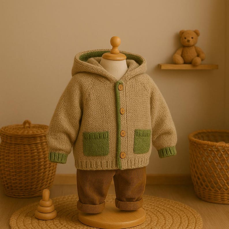 Hand-knit Alpaca Wool Toddler Cardigan: Beige & Green Hooded Jacket - Etsy
