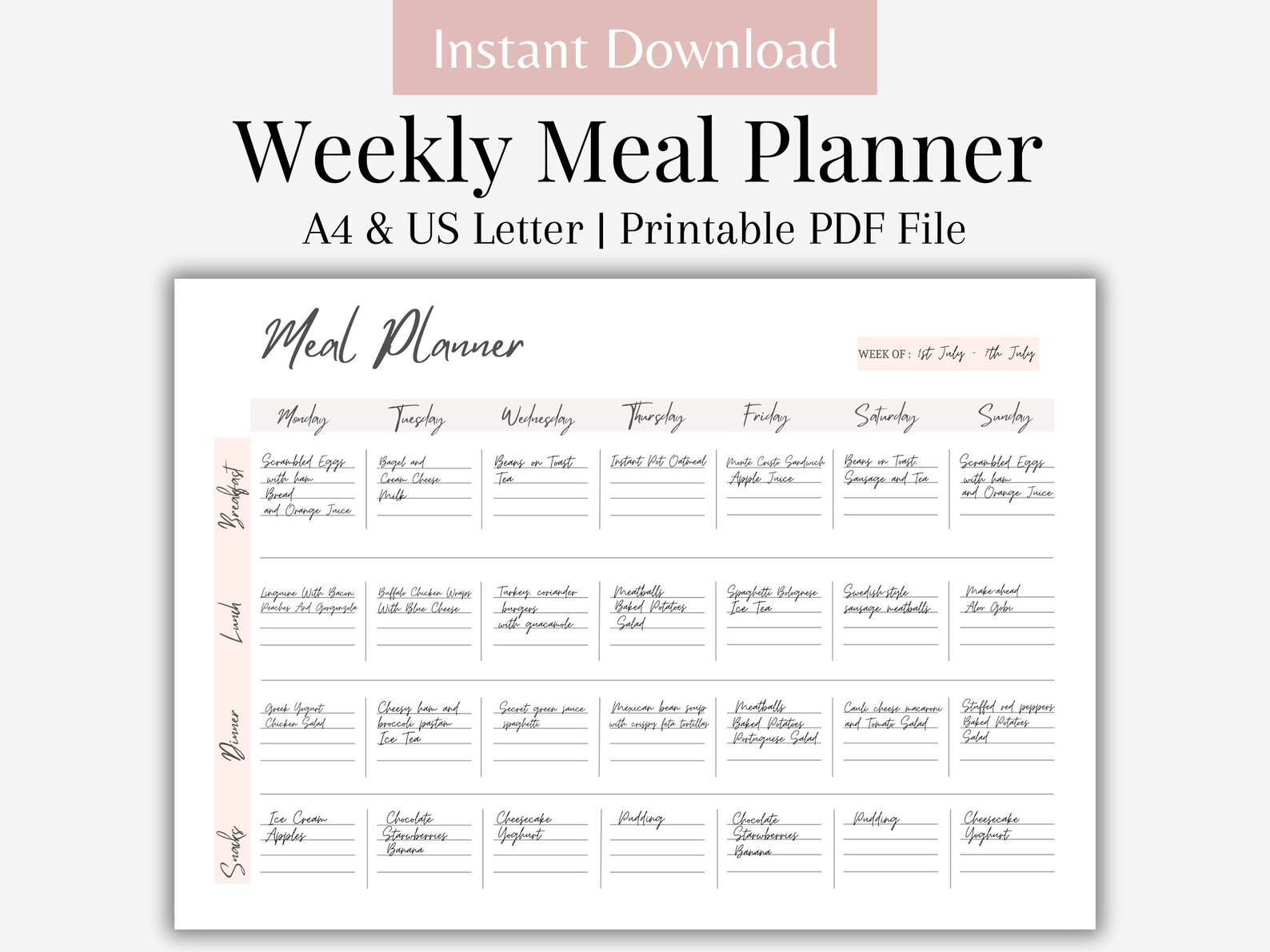 Weekly Meal Planner Printable, Undated Planner, Meal Tracker, Food List ...