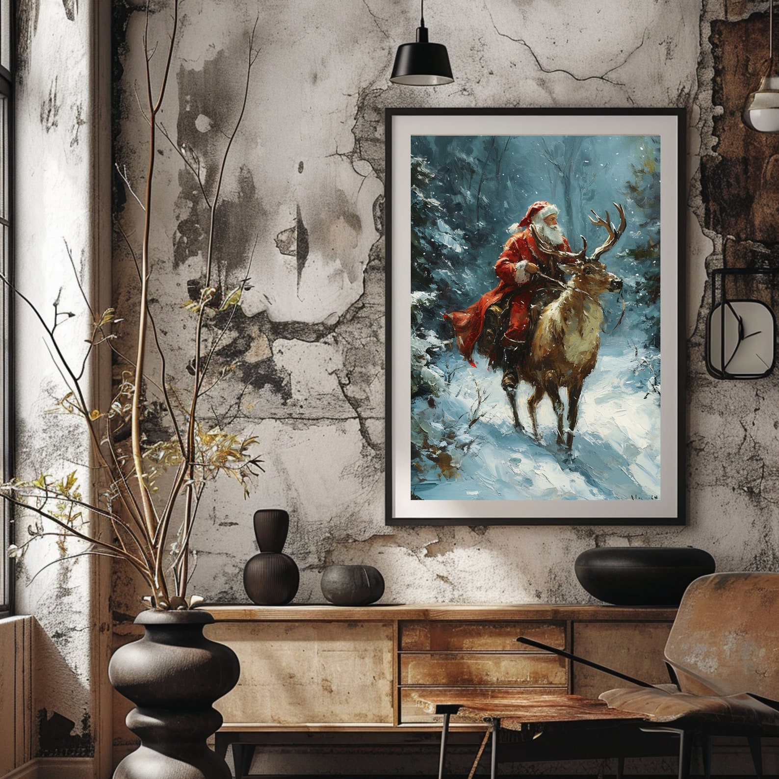 Vintage Santa Oil Painting Print Santa and His Reindeer Rustic ...