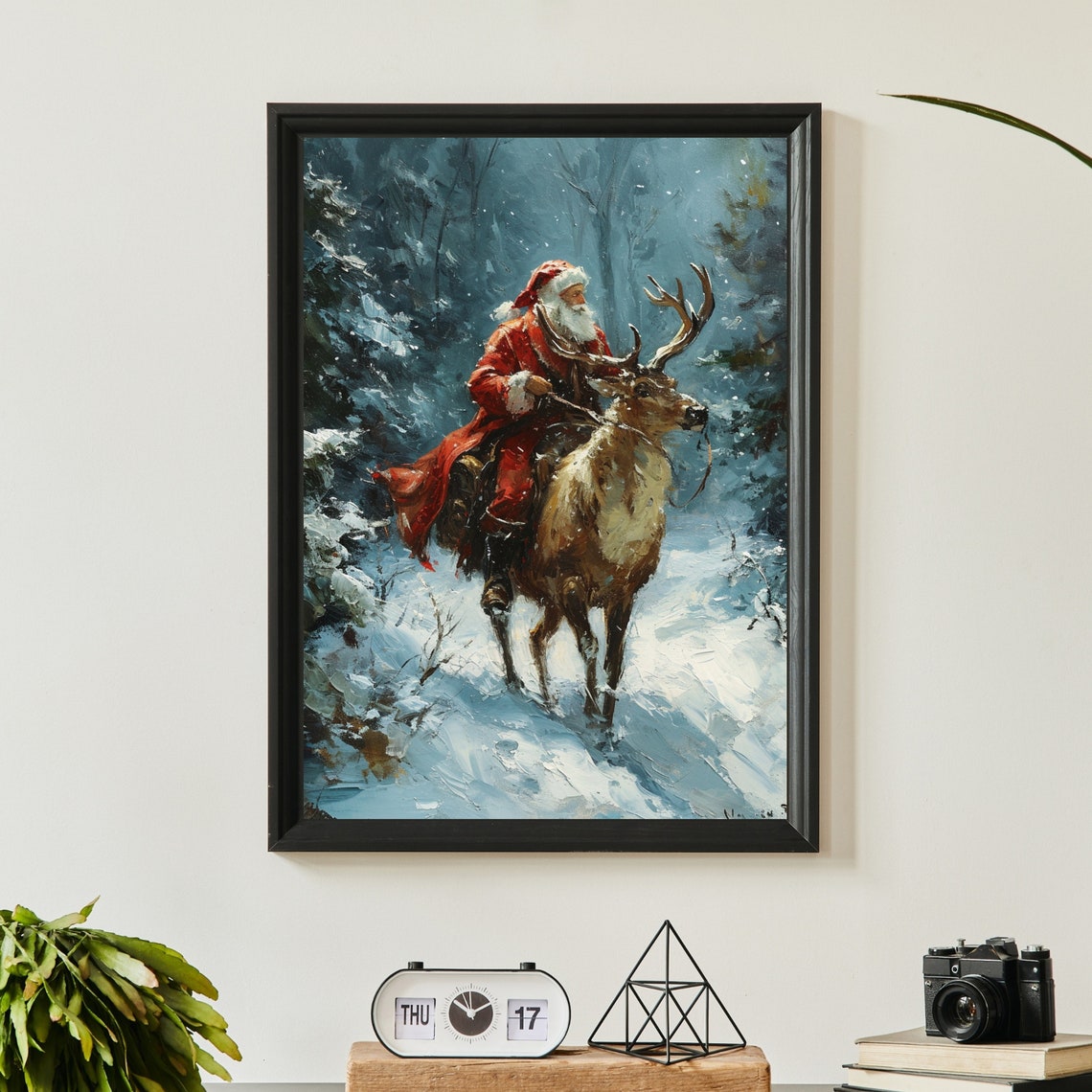 Vintage Santa Oil Painting Print Santa and His Reindeer Rustic ...
