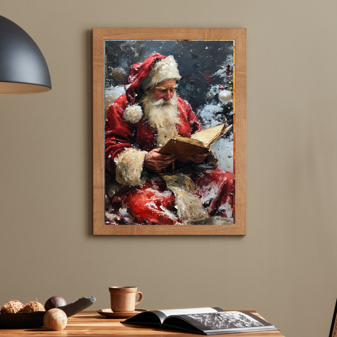 Vintage Santa Oil Painting Print Santa and His Reindeer Rustic ...