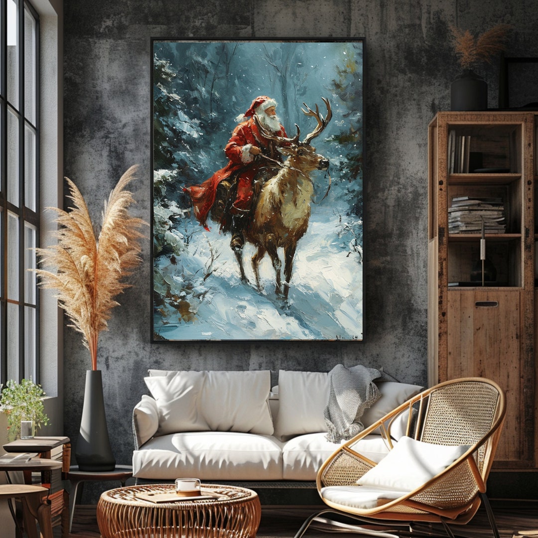 Vintage Santa Oil Painting Print Santa and His Reindeer Rustic ...