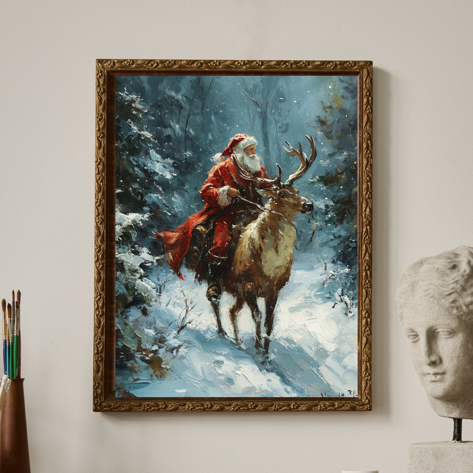 Vintage Santa Oil Painting Print Santa and His Reindeer Rustic ...