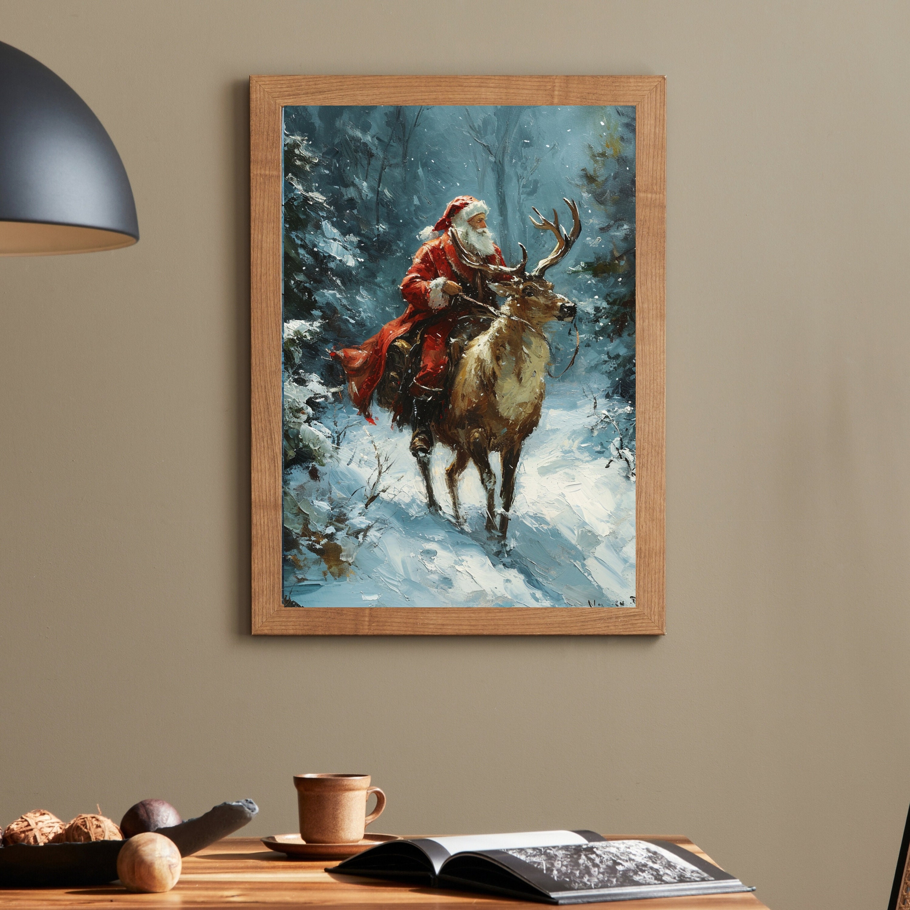 Vintage Santa Oil Painting Print Santa and His Reindeer Rustic ...