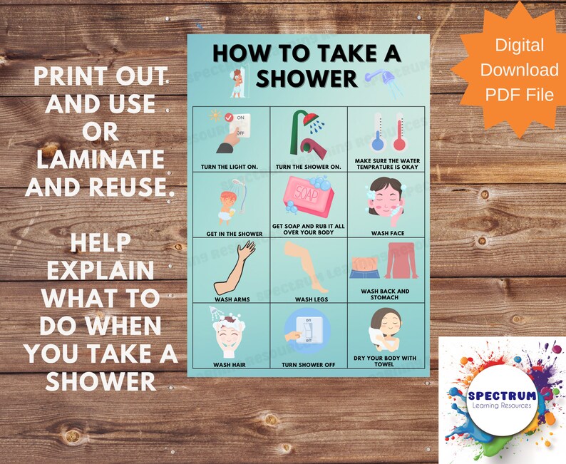 Shower Poster Visual Aid Autism How Too Toddler Kindergarten Learning ...