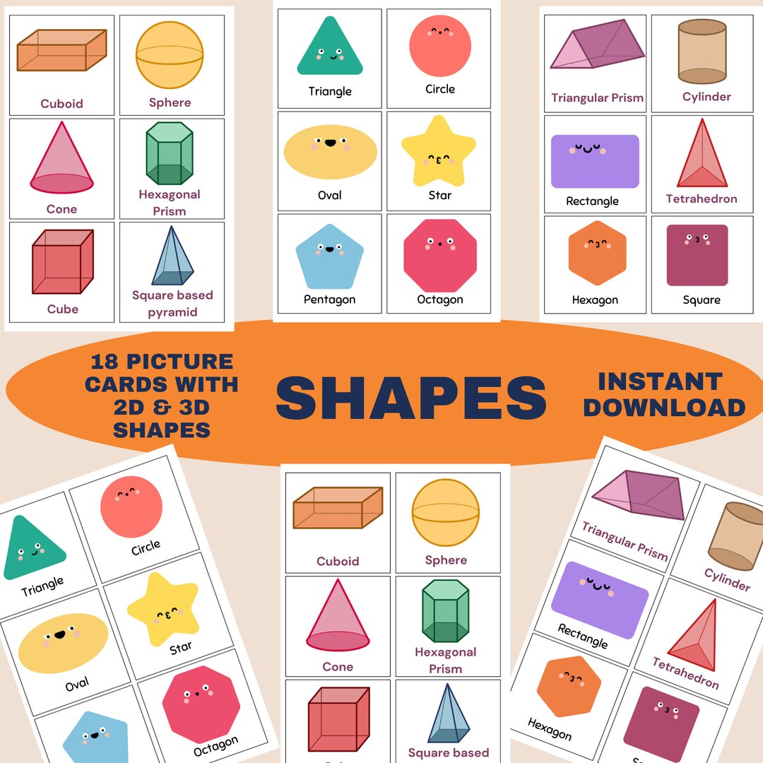 Shape Flash Cards 3D 2D Educational Cards Printable PEC Cards Geometric ...