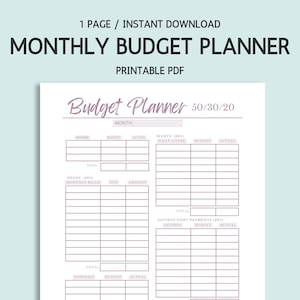 Color Monthly Budget Planner Printable PDF, 50/30/20 Budget Planner ...