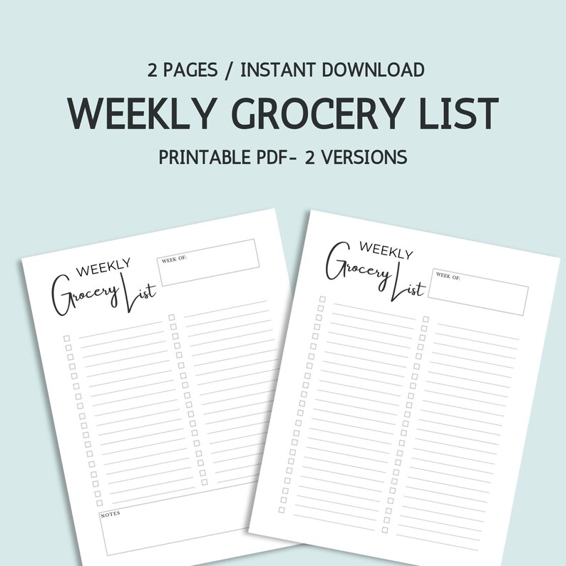 Grocery List Printable Template, Grocery Planner, Food Shopping List, 2 ...