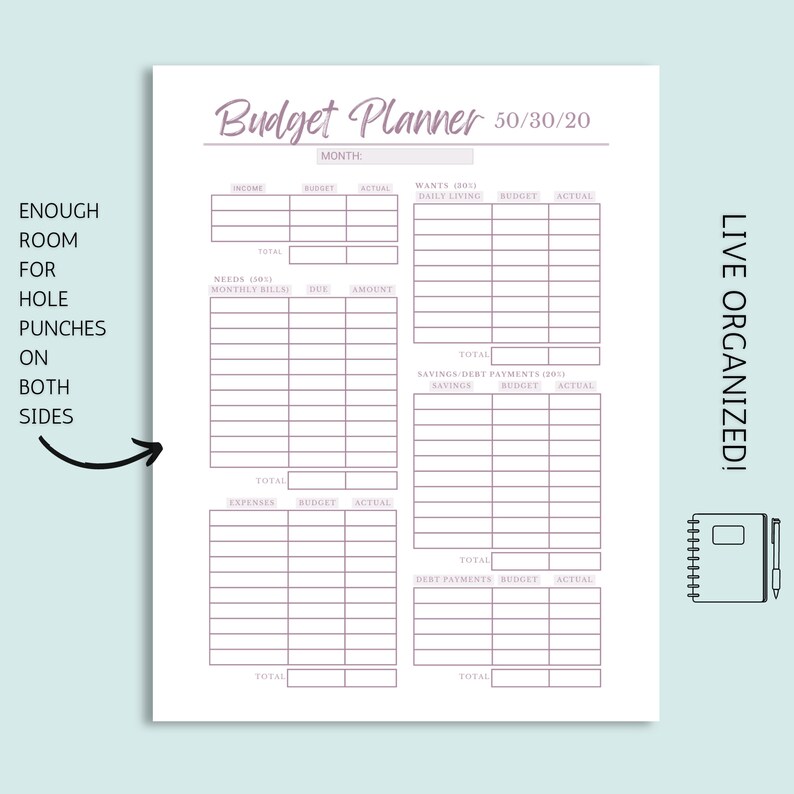 Color Monthly Budget Planner Printable PDF, 50/30/20 Budget Planner ...