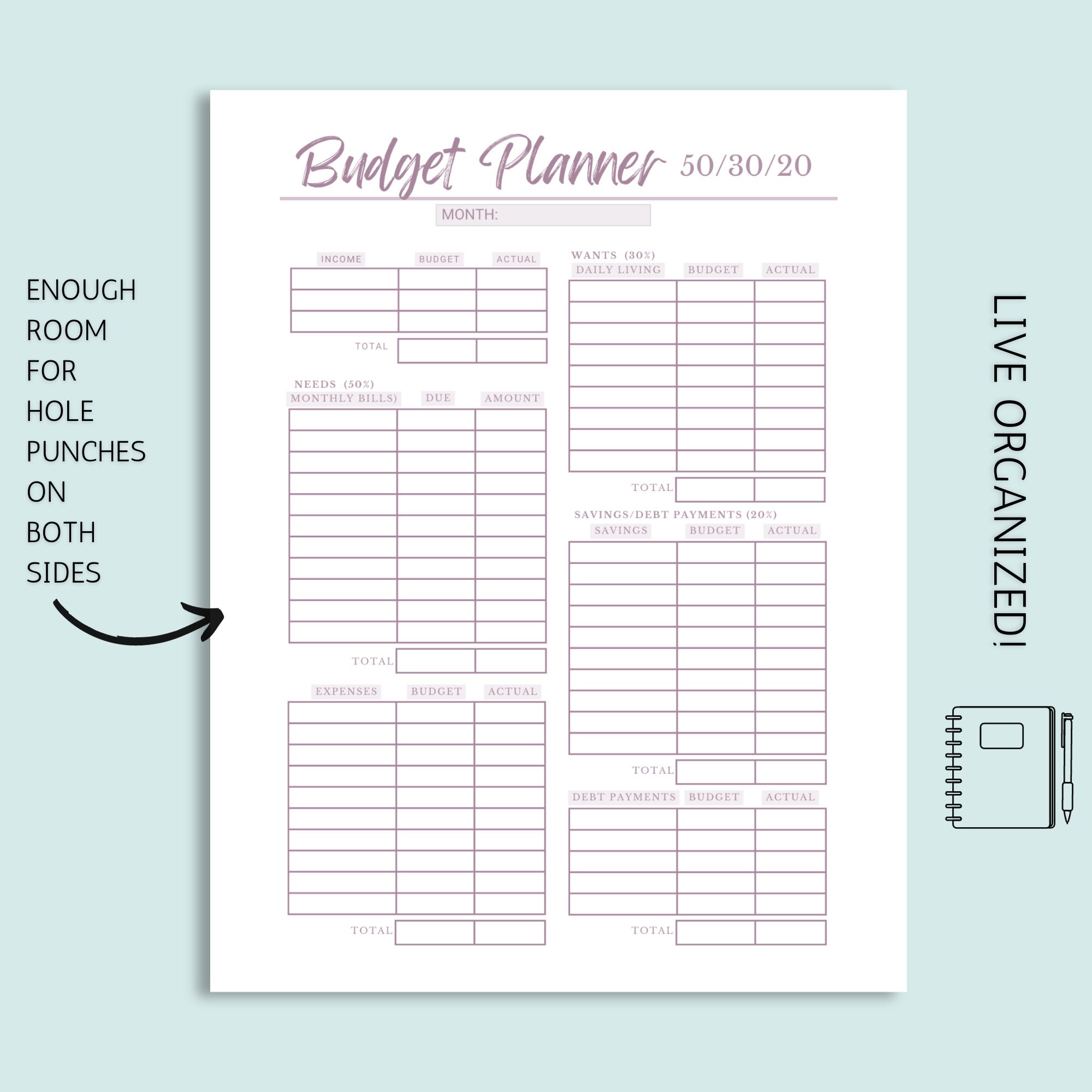 Color Monthly Budget Planner Printable PDF, 50/30/20 Budget Planner ...