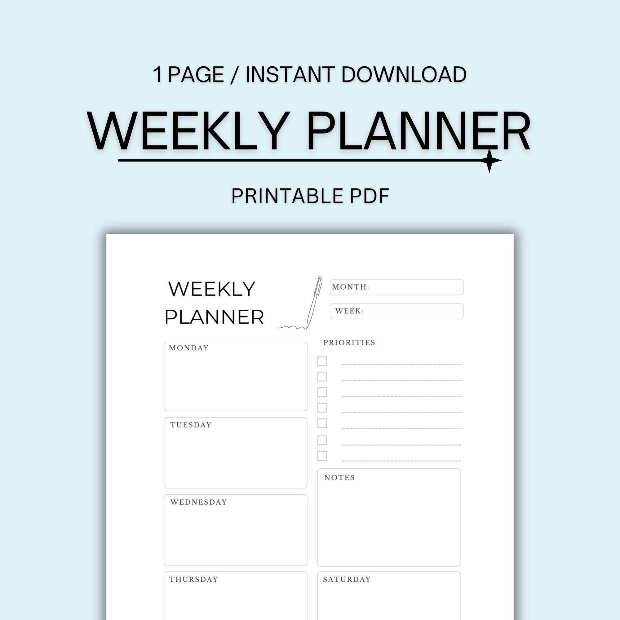 Simple Weekly Planner Printable, Weekly to Do List, Weekly Agenda ...
