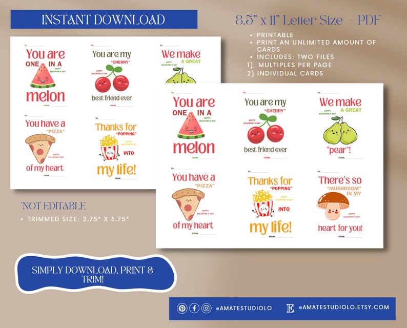 Printable Fruit Classroom Valentine's Cards for Kids & Adults ...