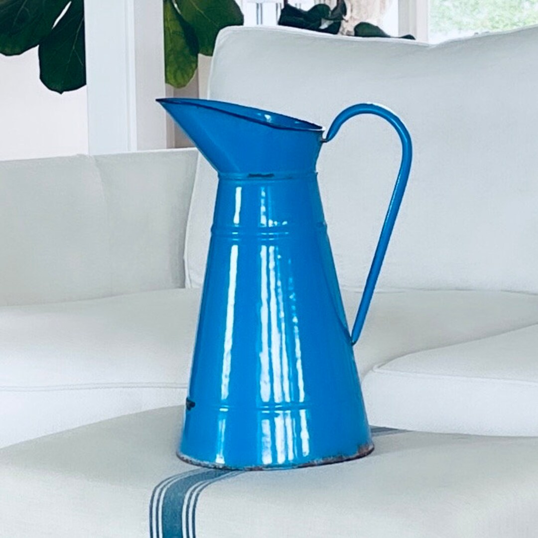 Vintage French Blue Enamel Water Pitcher - Etsy