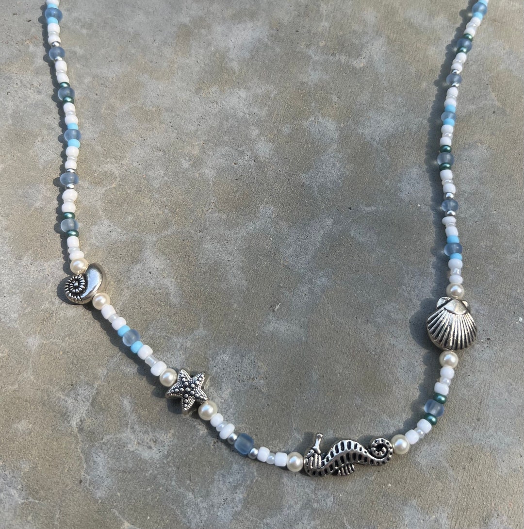 Sea Creature Silver Charm Beaded Necklace, Seahorse Sea Star Mollusk ...