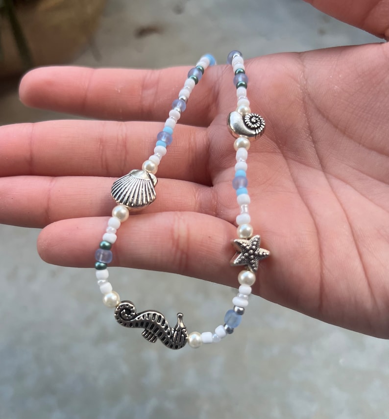 Sea Creature Silver Charm Beaded Necklace, Seahorse Sea Star Mollusk ...