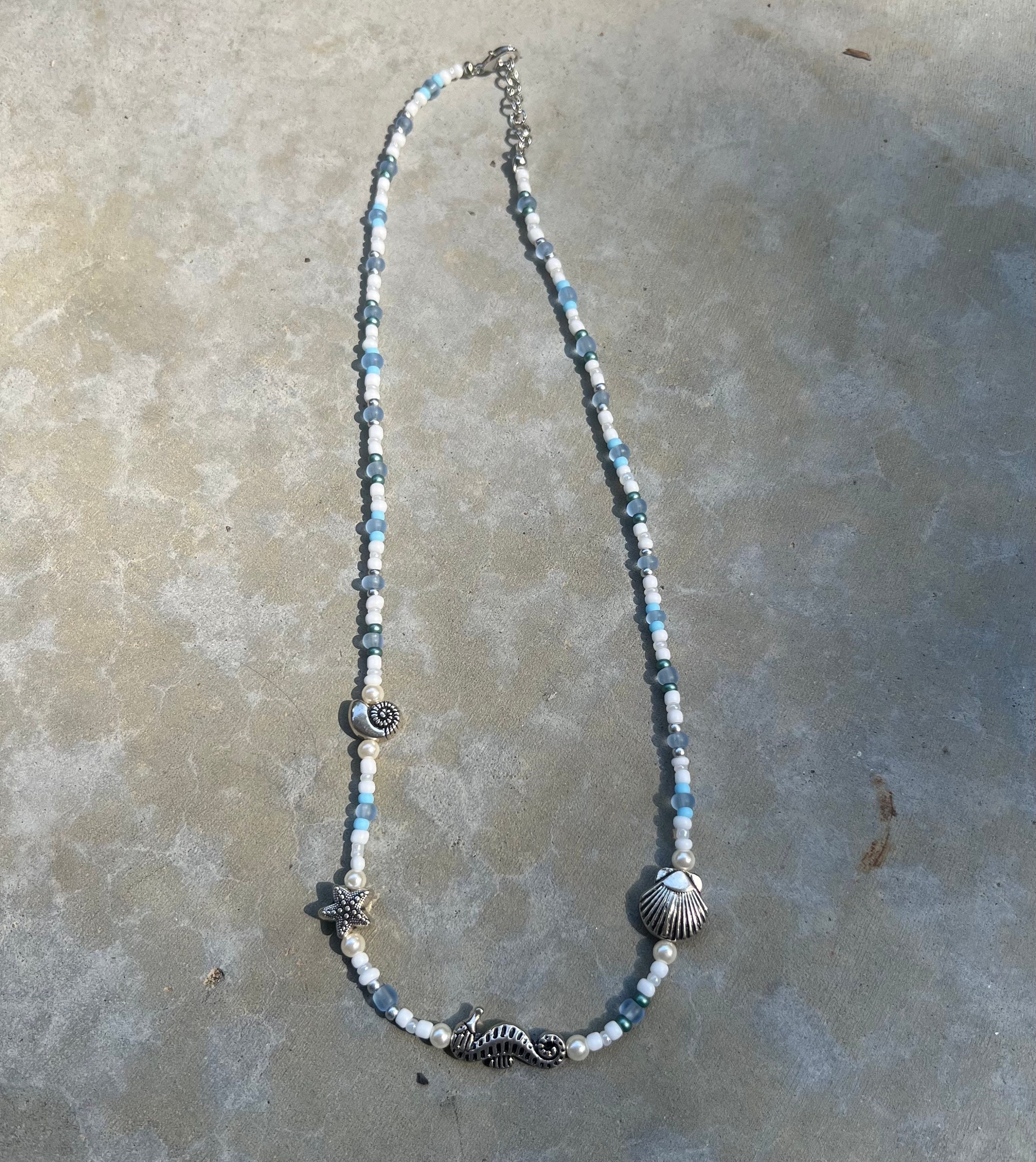 Sea Creature Silver Charm Beaded Necklace, Seahorse Sea Star Mollusk ...